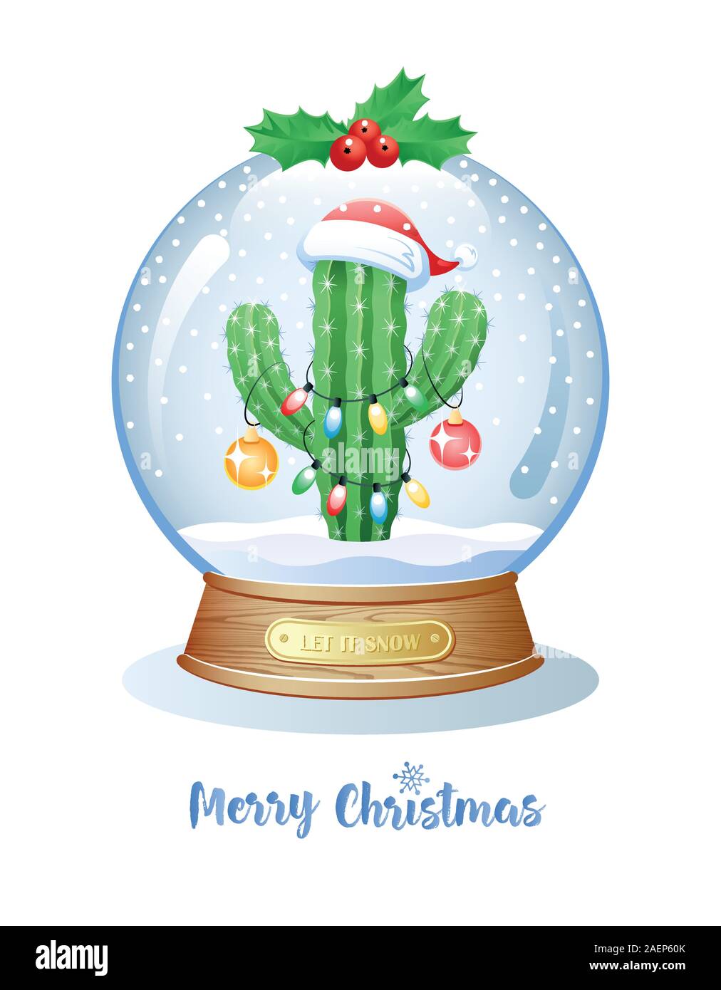 Merry Christmas. Greeting card with cactus and Christmas light inside a ...