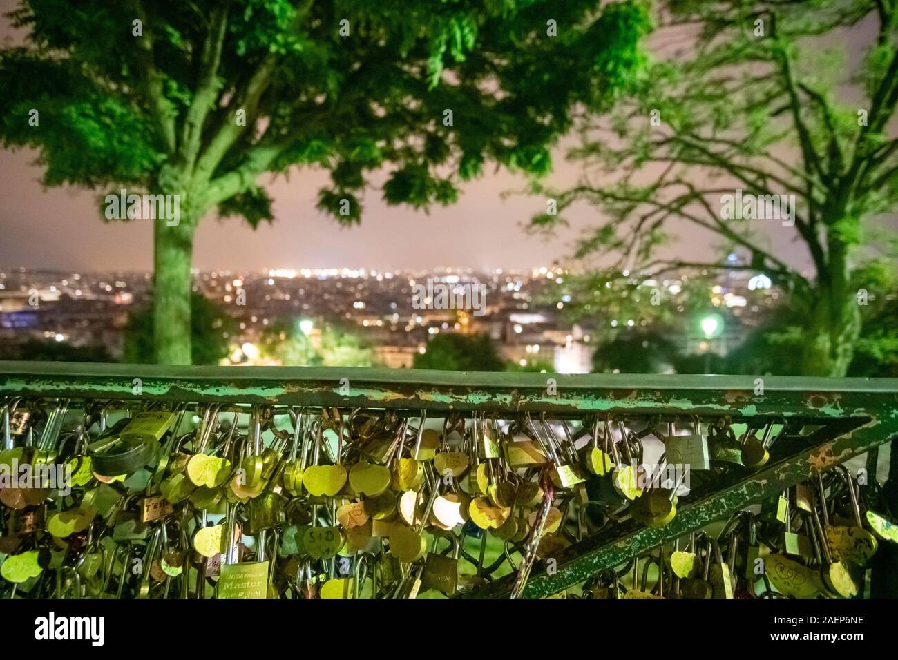 Love Locks and View of the City of Paris from Sacre Coeur by Night ...