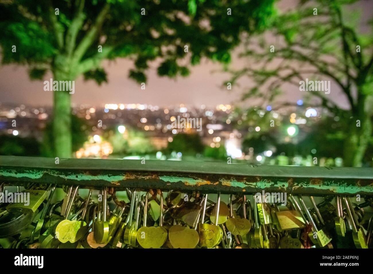 Love Locks and View of the City of Paris from Sacre Coeur by Night ...