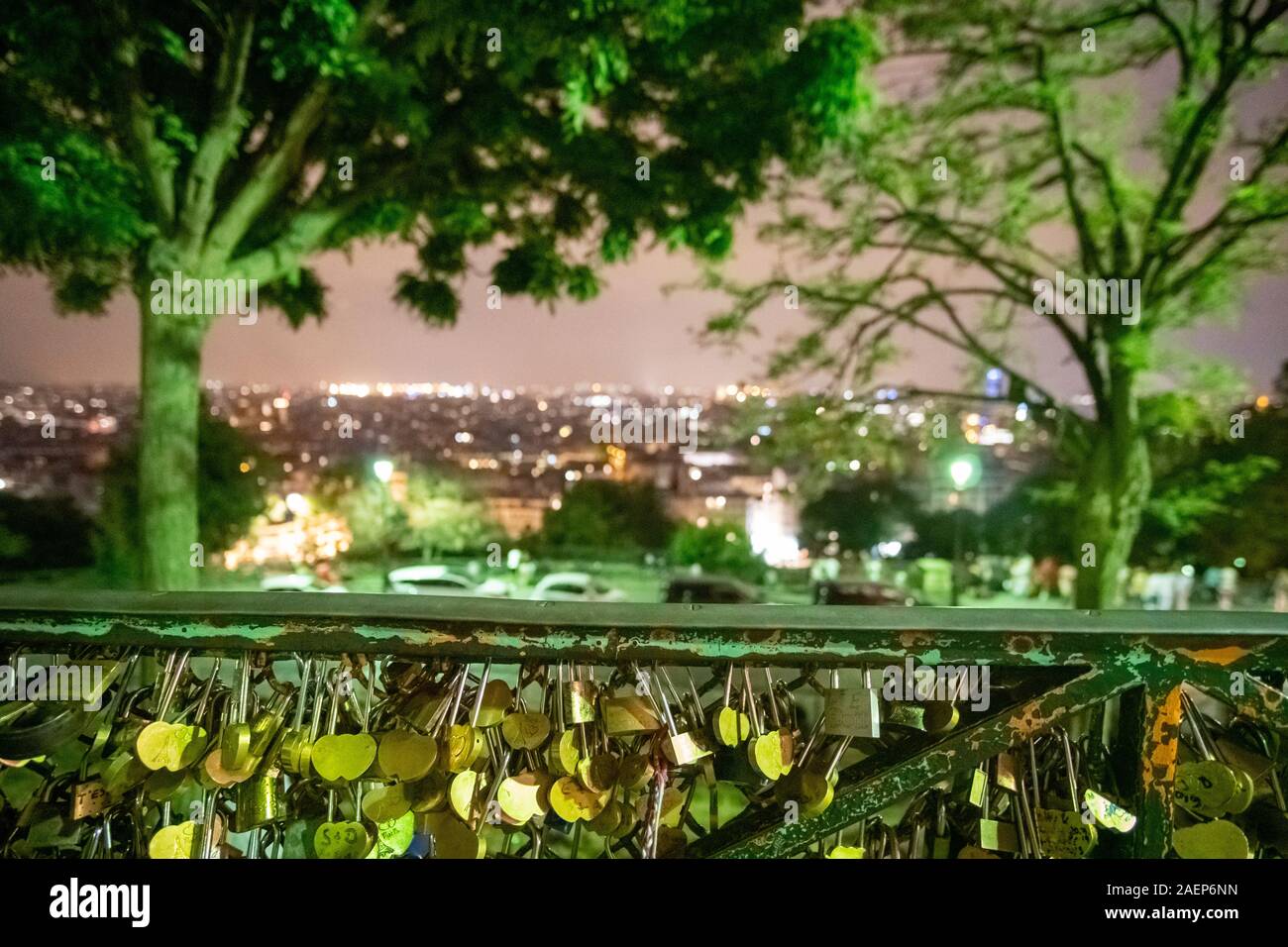 Love Locks and View of the City of Paris from Sacre Coeur by Night ...