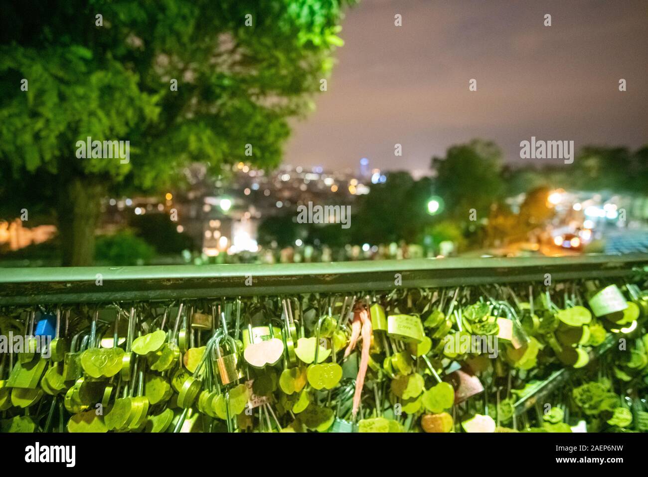 Love Locks and View of the City of Paris from Sacre Coeur by Night ...
