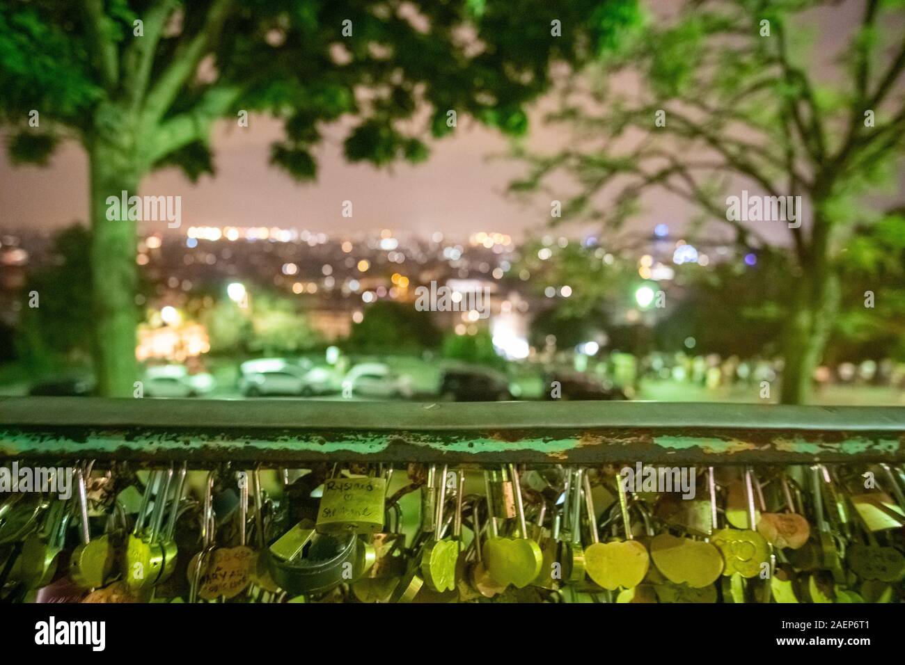 Love Locks and View of the City of Paris from Sacre Coeur by Night ...