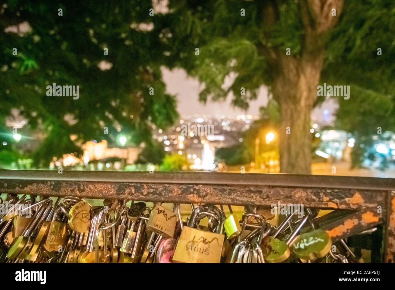 Love Locks and View of the City of Paris from Sacre Coeur by Night ...