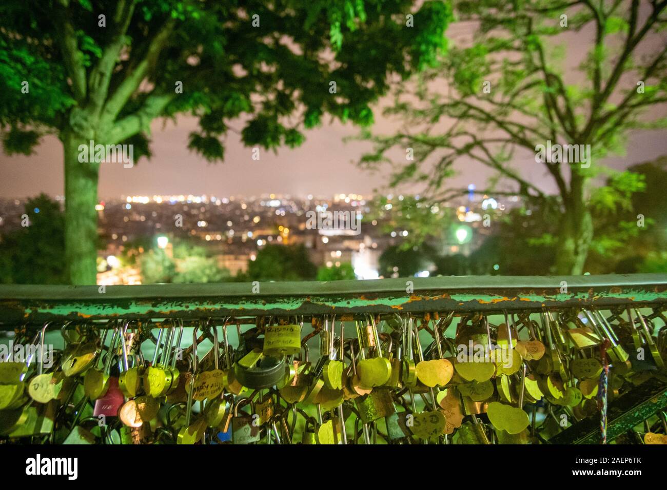 Love Locks and View of the City of Paris from Sacre Coeur by Night ...