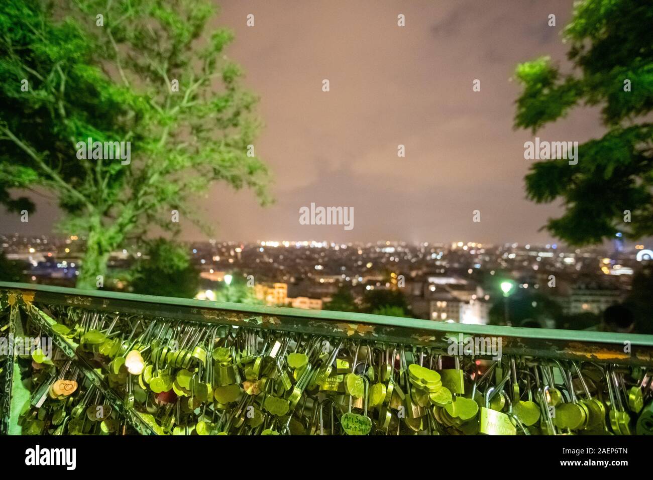 Love Locks and View of the City of Paris from Sacre Coeur by Night ...