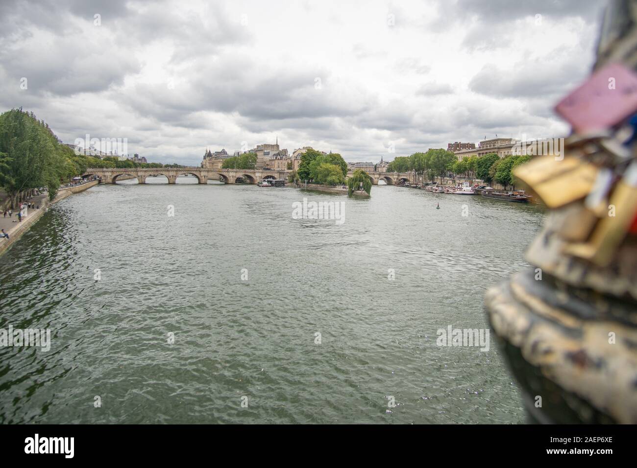 Boats and Locks on Bridge at Seine Stock Photo - Alamy