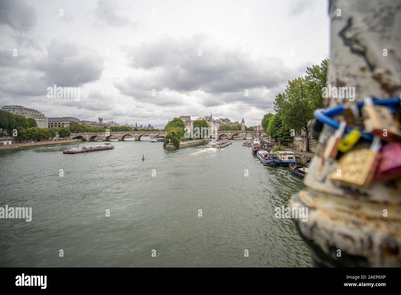 Boats and Locks on Bridge at Seine Stock Photo - Alamy