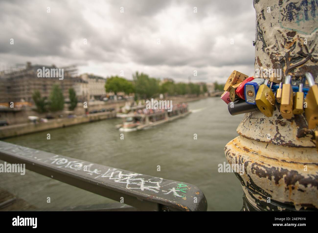 Boats and Locks on Bridge at Seine Stock Photo - Alamy