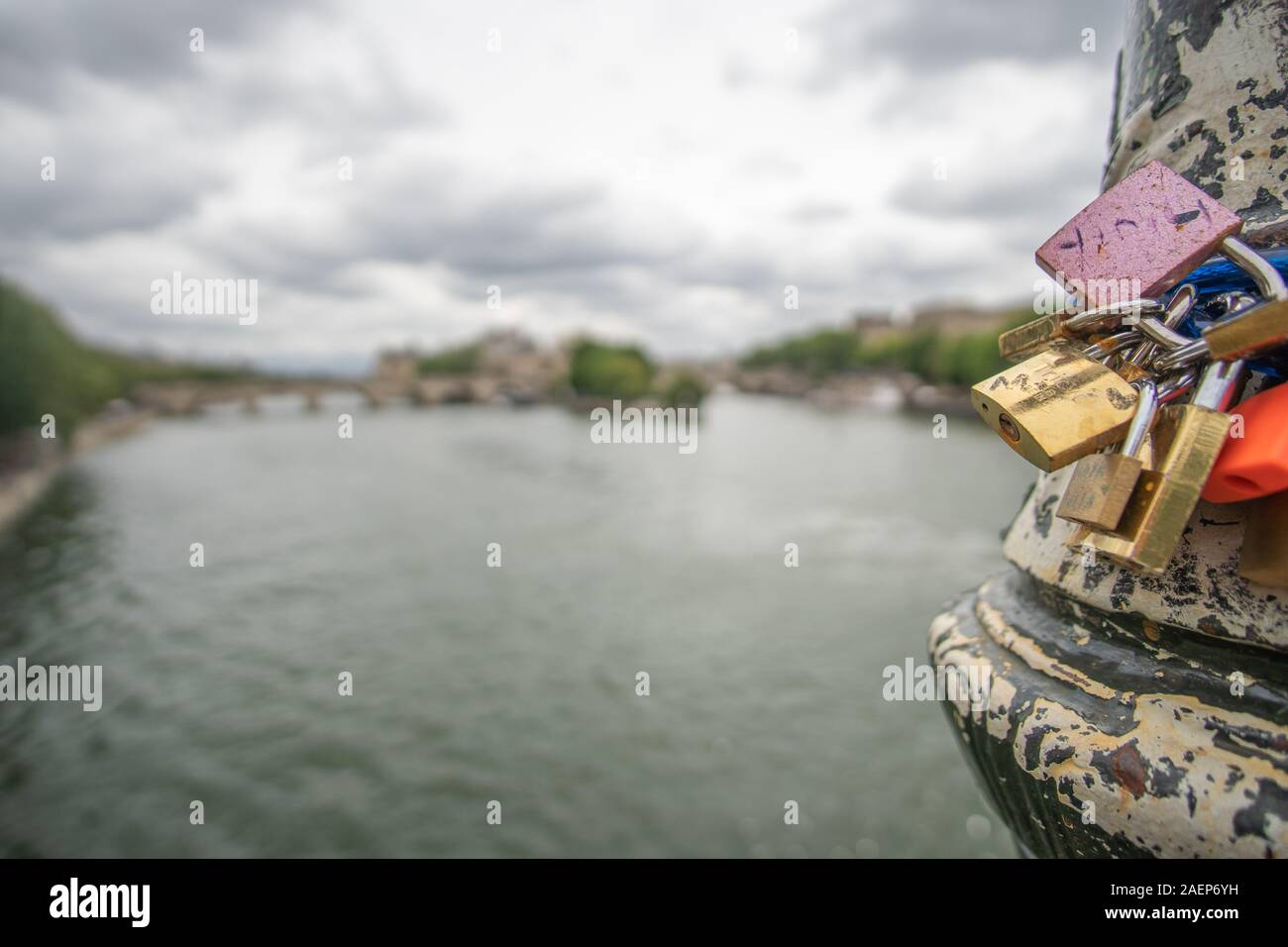 Boats and Locks on Bridge at Seine Stock Photo - Alamy