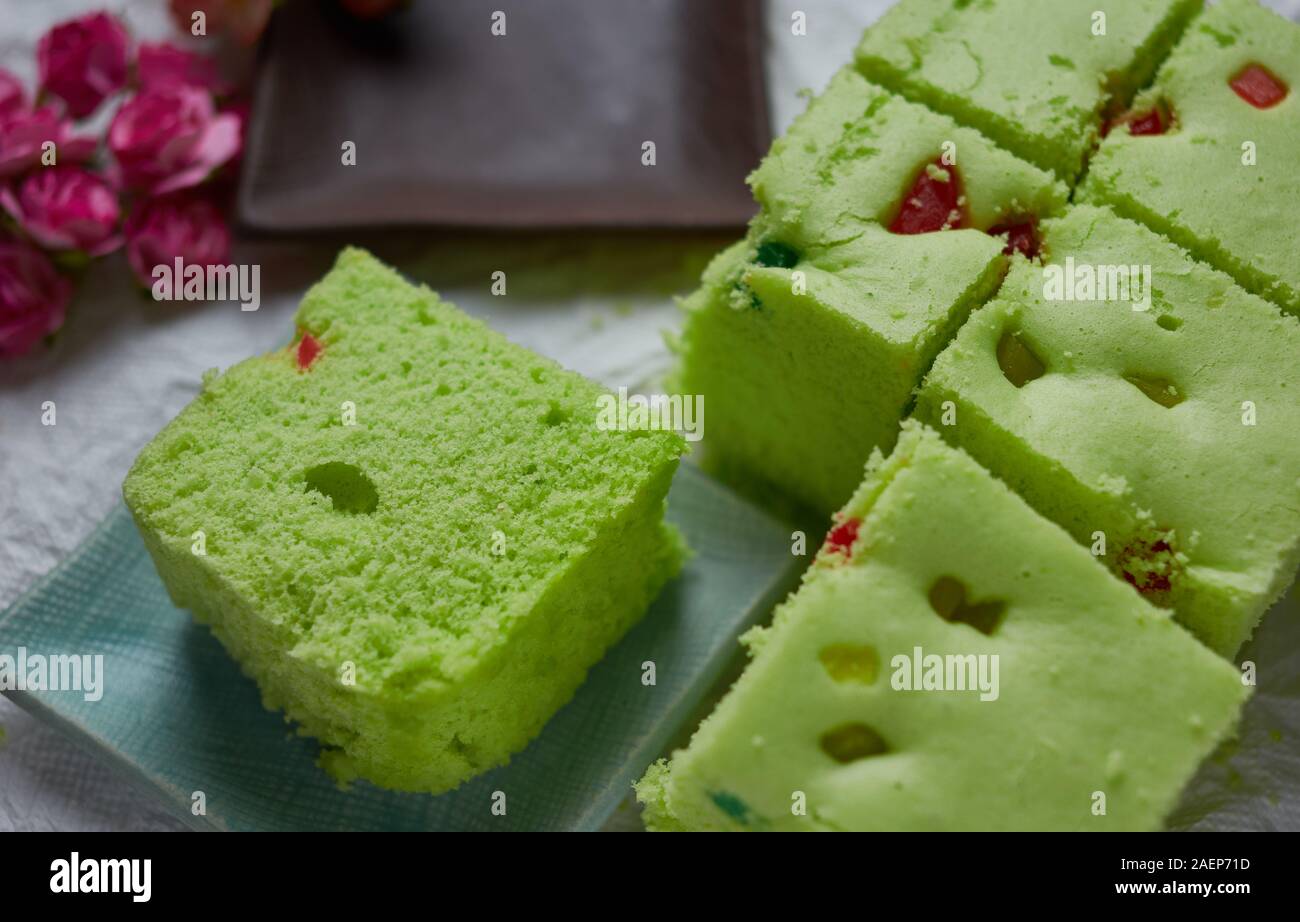 The sliced pandan sponge cake Stock Photo - Alamy