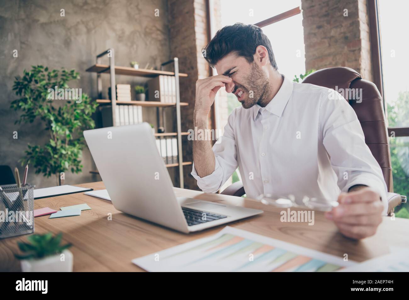Profile side photo of tired middle eastern entrepreneur man have much ...