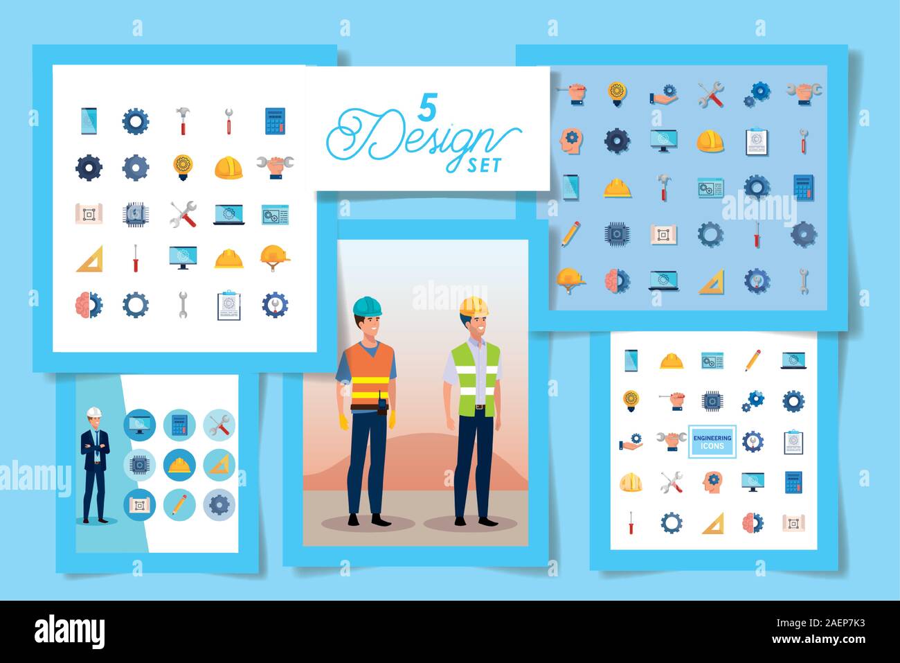set designs of engineer men with set icons working Stock Vector Image ...