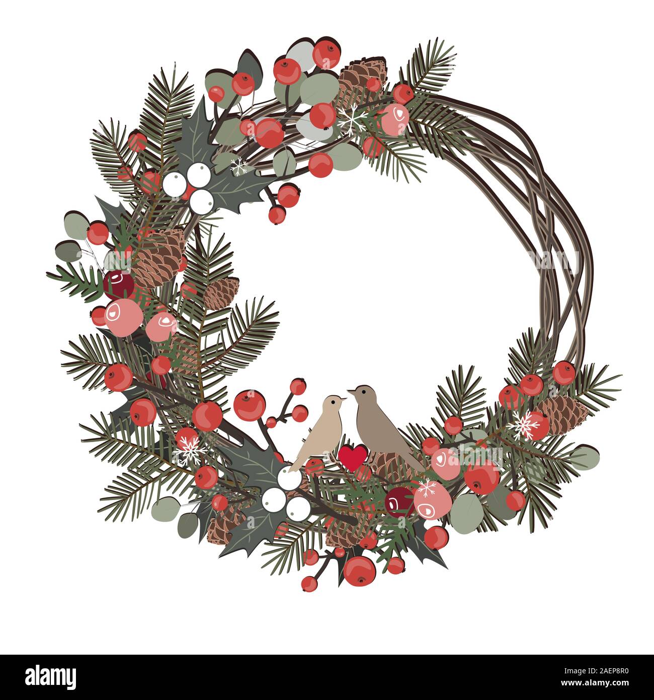 Beautiful Christmas decorative wreath of vine and pine branches ...