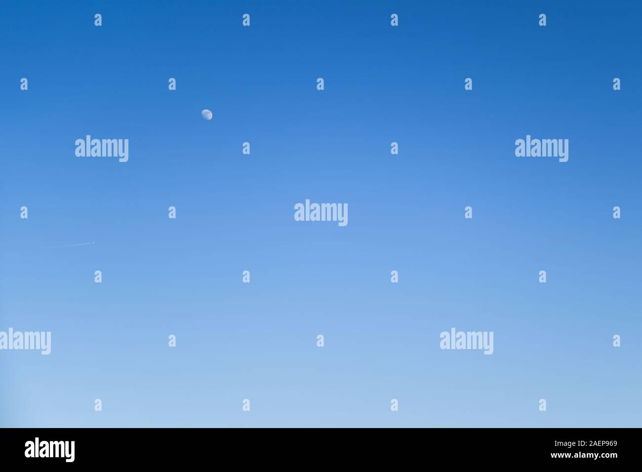 Cear blue sky without clouds with moon and airplane for background for ...