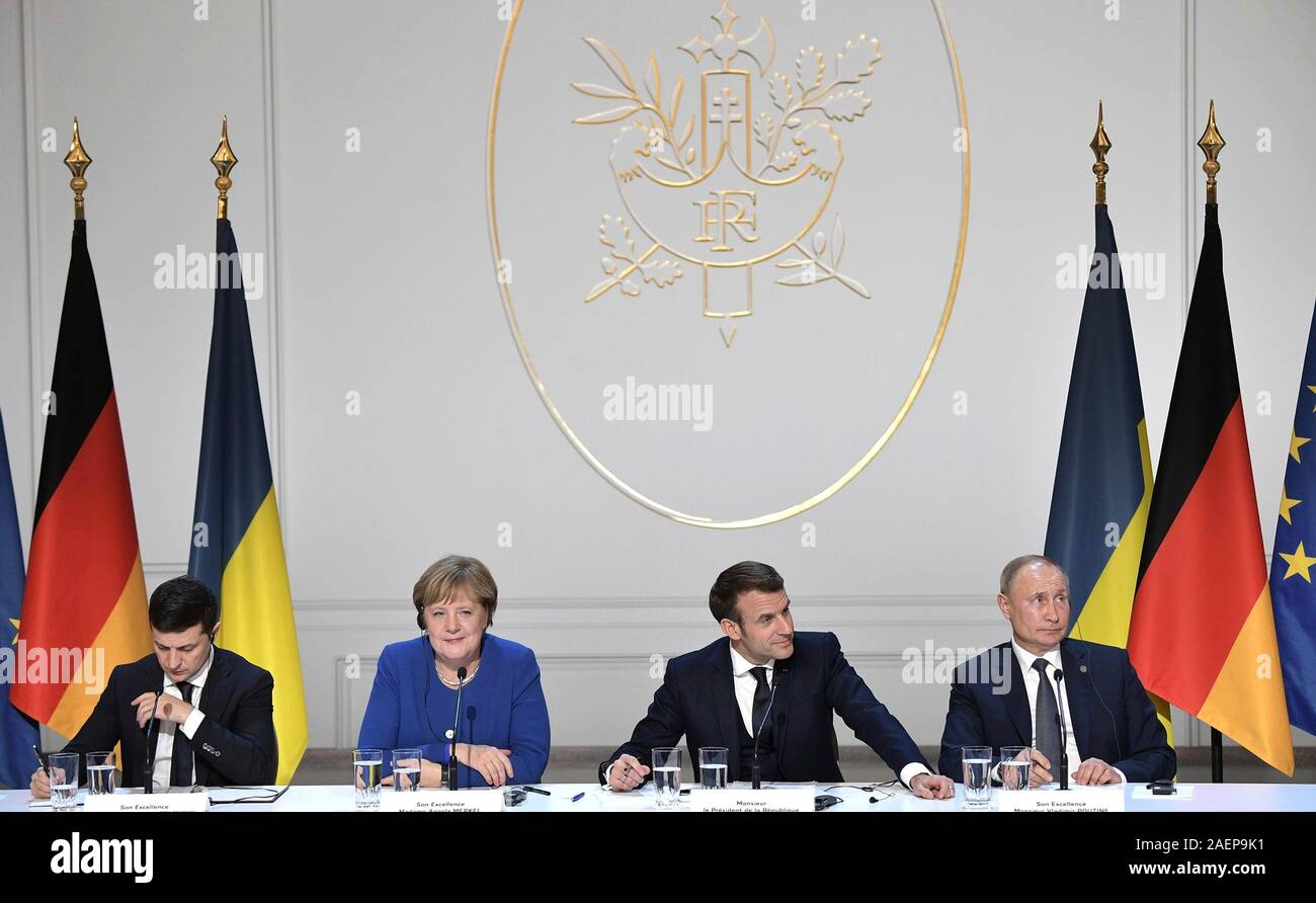 Paris, France. 10 December, 2019. The leaders of Ukrainian, France ...