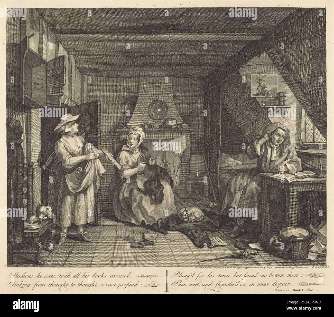 Painting by William Hogarth from 1736-1737 depicting a poet in distress ...