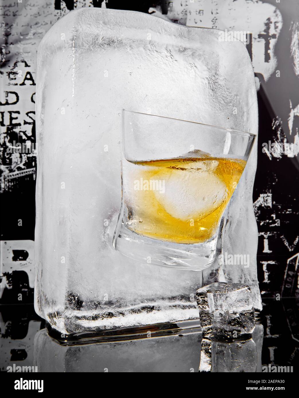 Whisky on the Rocks Glass Ice Cube - Ice Melting - Black Background ...