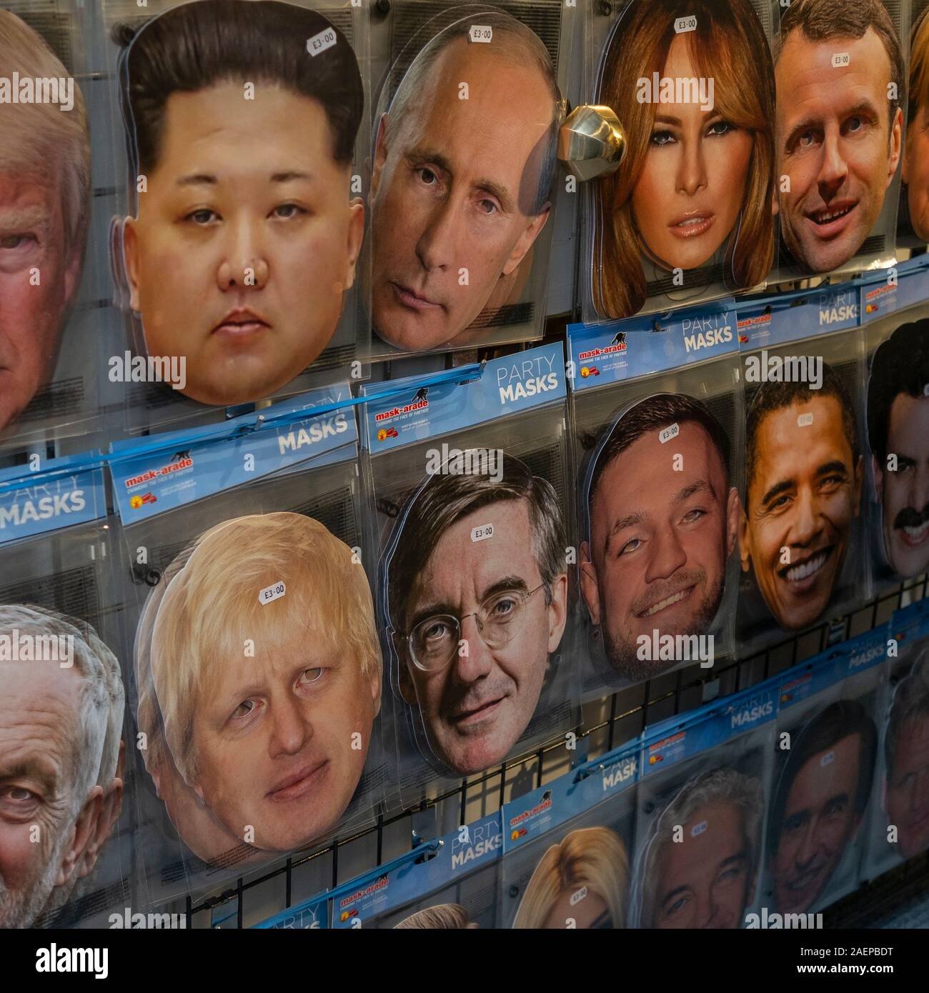 Celebrity face masks in a shop in Bath, Somerset, UK. Masks include ...