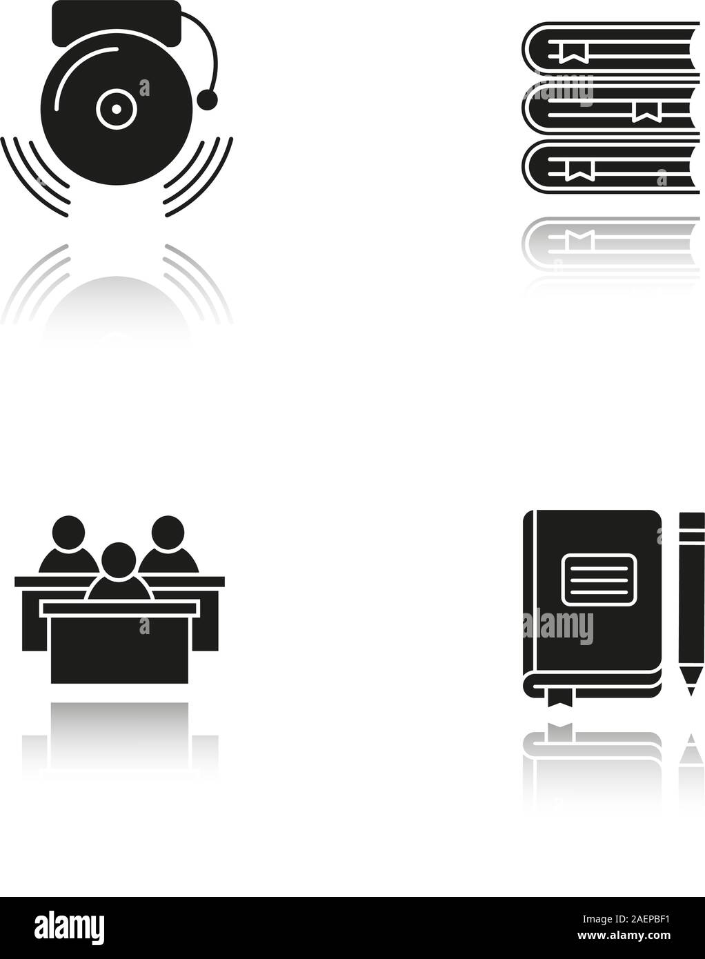 School drop shadow black glyph icons set. Students, class journal with ...