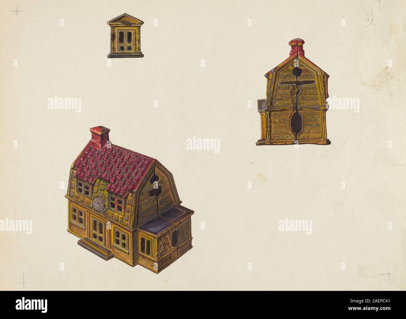 A ceramic or pottery bank shaped as a house with a tiled roof by ...
