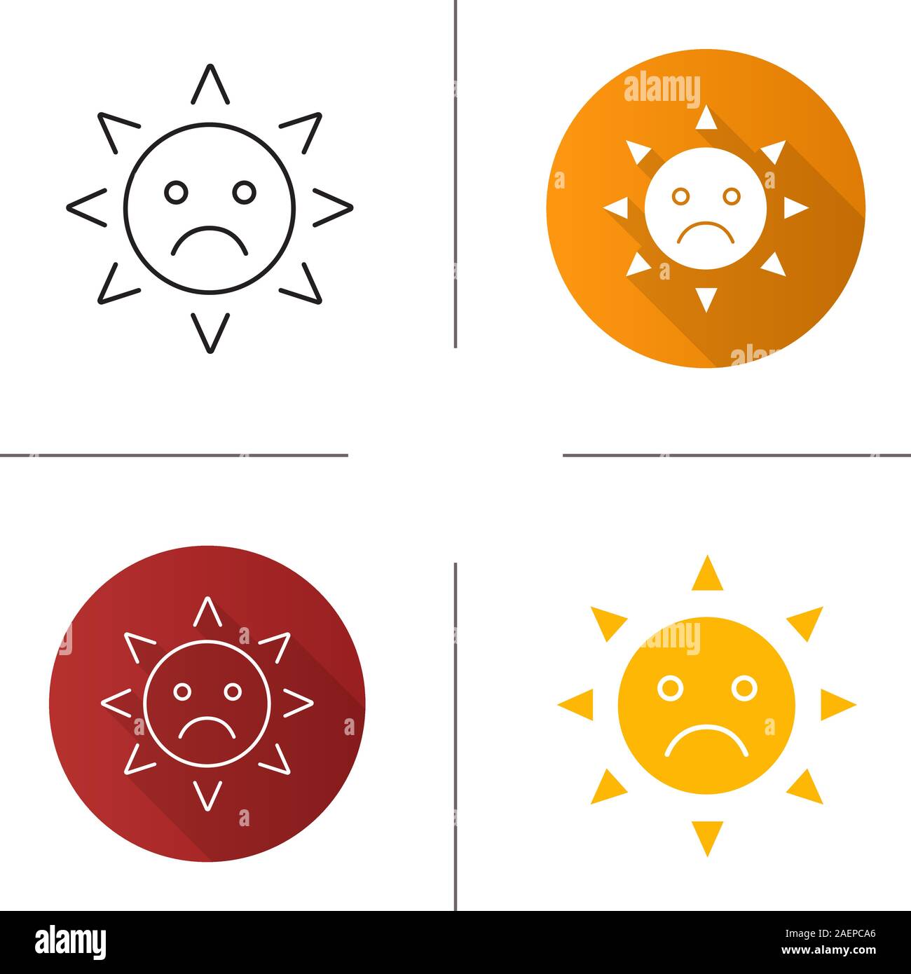 Sad sun smile icon. Flat design, linear and color styles. Bad mood ...