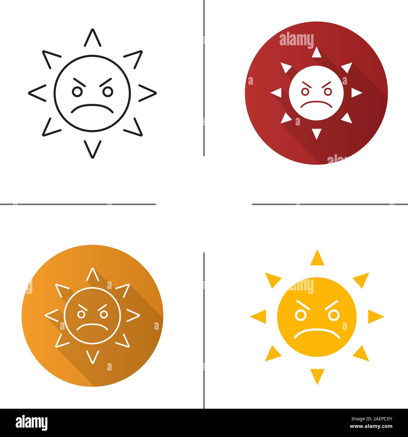 Angry sun smile icon. Flat design, linear and glyph color styles. Bad ...