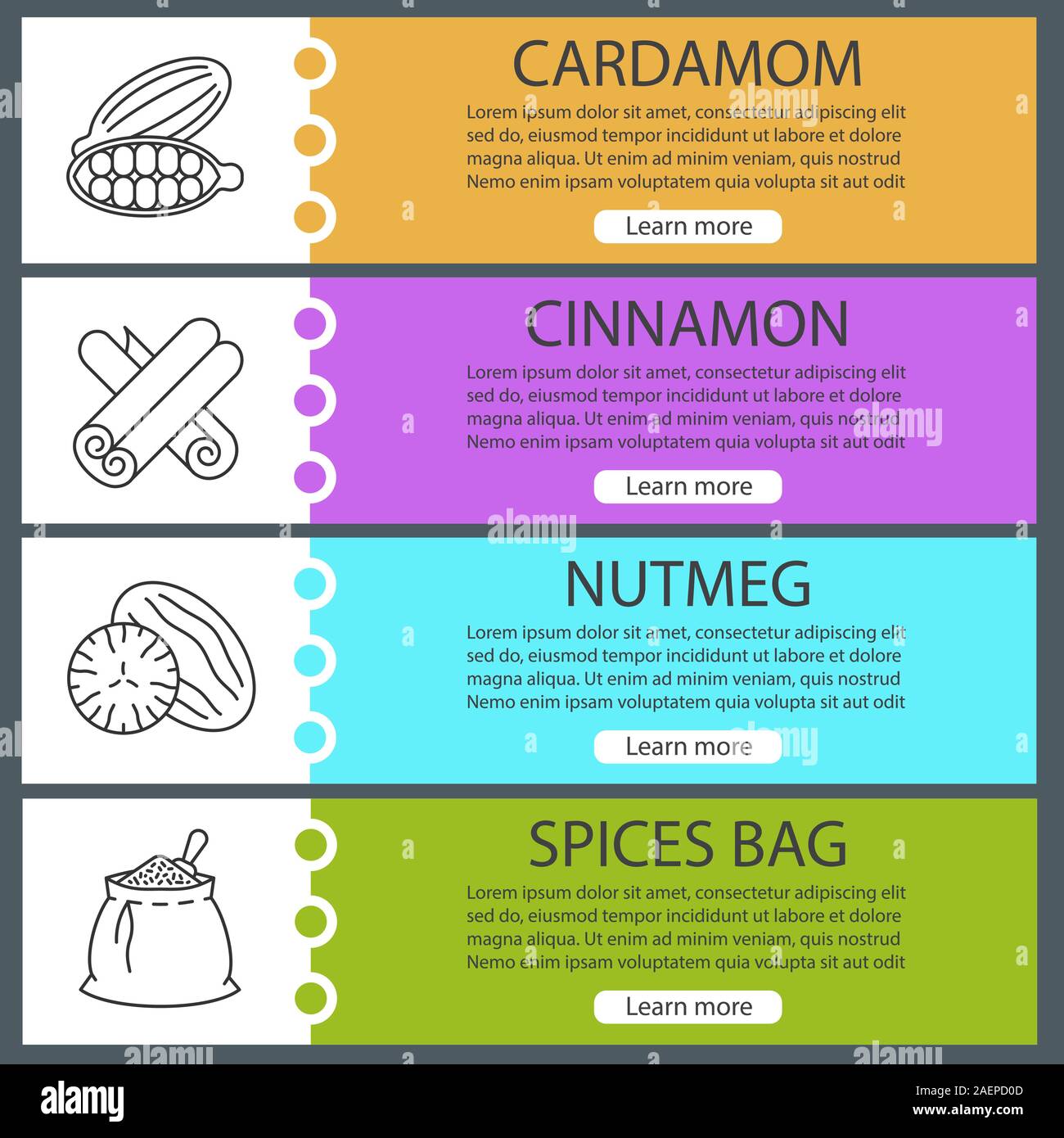 Spices web banner templates set. Cardamon, cinnamon, nutmeg, spices bag ...