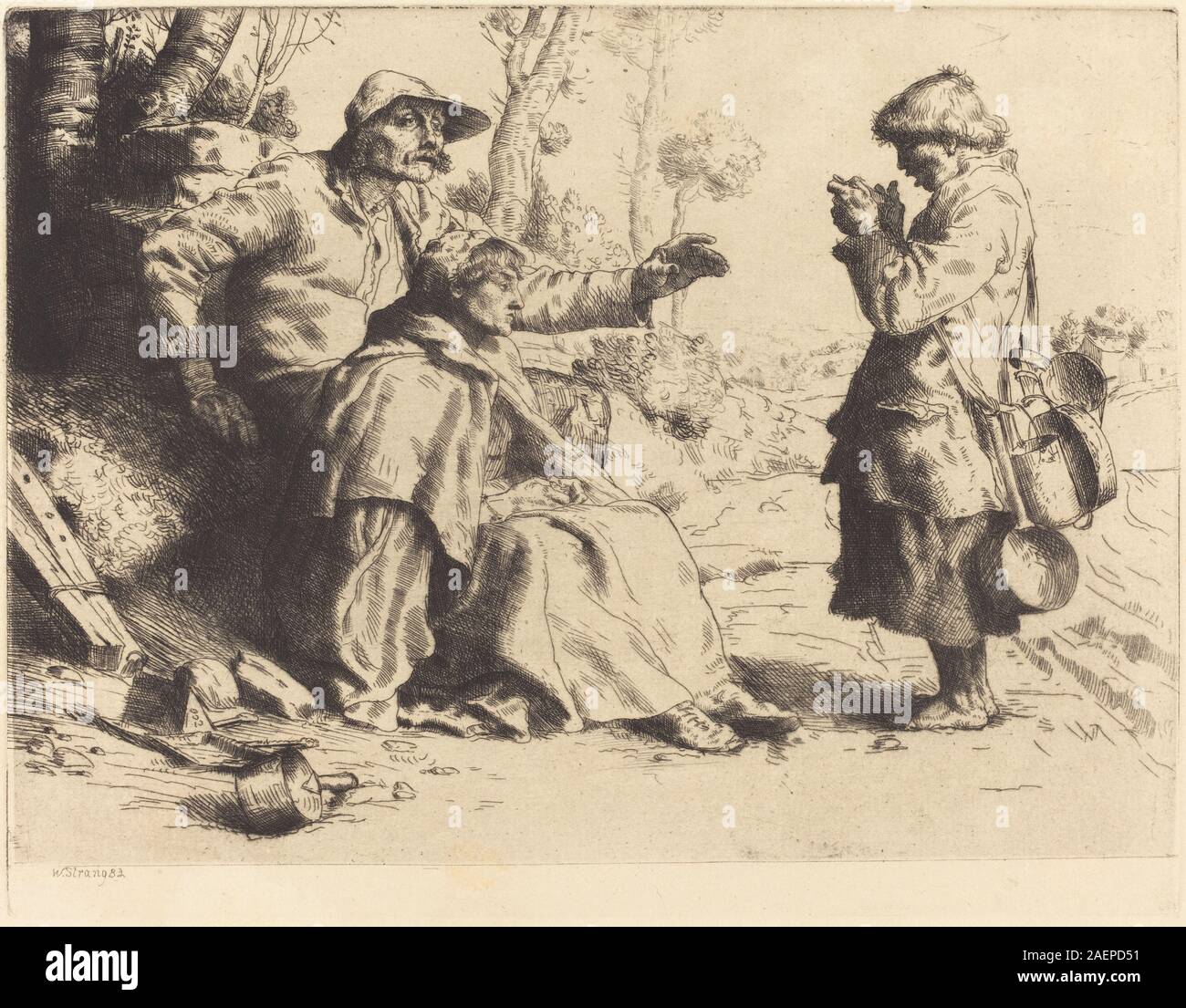 An 1882 etching by William Strang depicting itinerant tinkers at work ...
