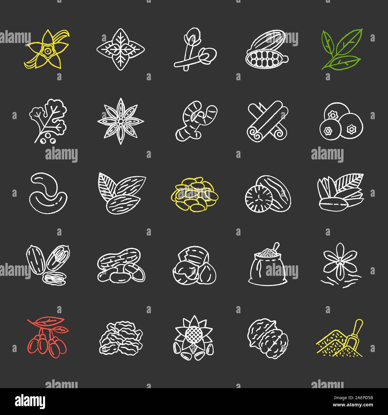 Spices chalk icons set. Flavorings, seasonings. Peanut, vanilla ...