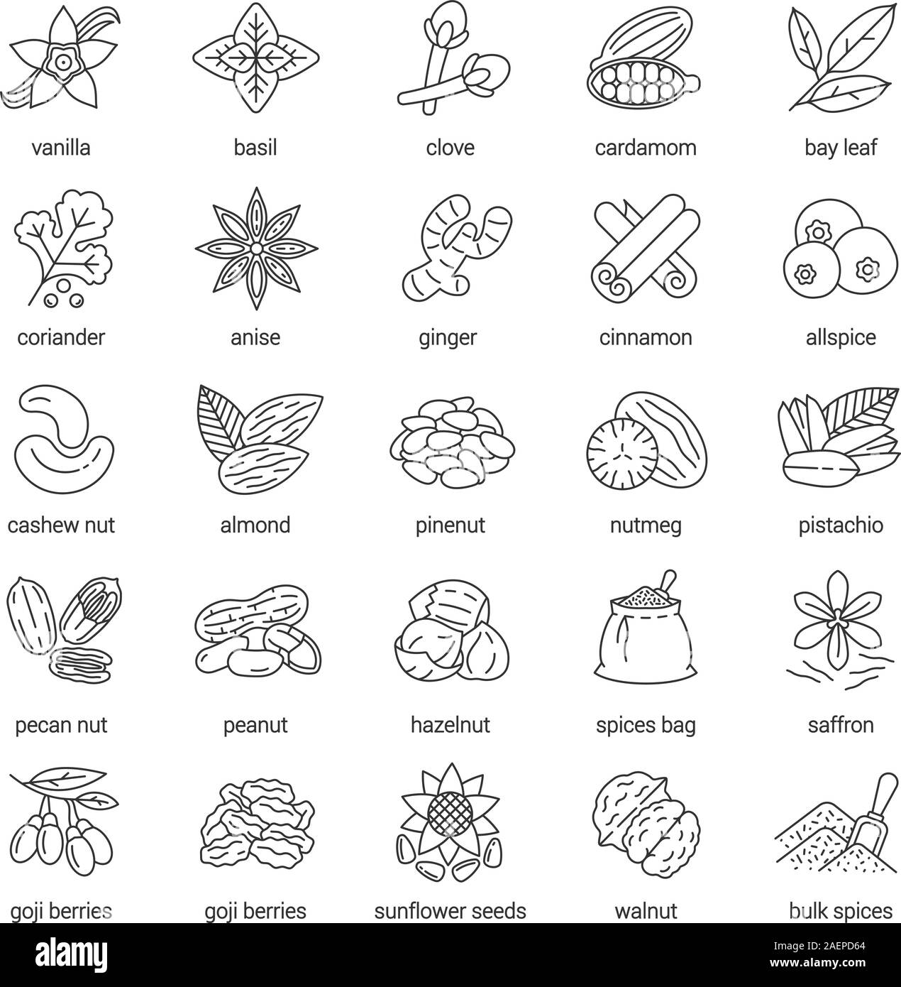 Spices linear icons set. Flavorings, seasonings. Thin line contour ...