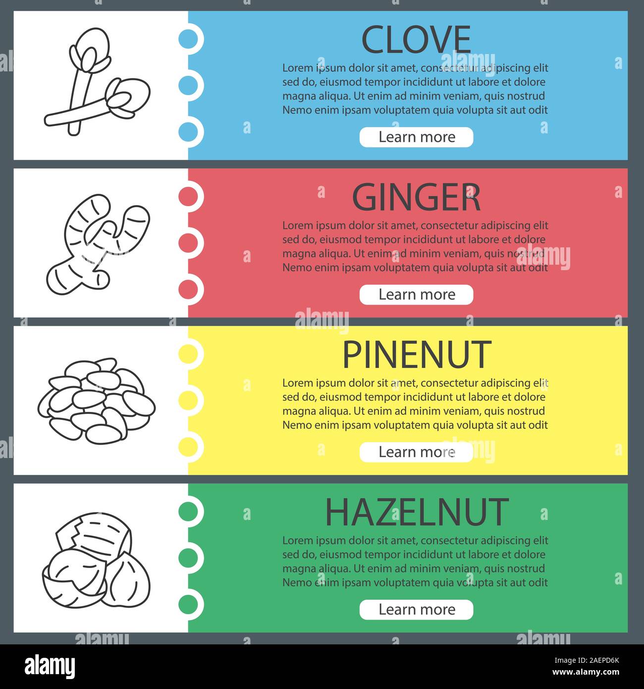Spices web banner templates set. Clove, ginger, pinenut, hazelnut ...