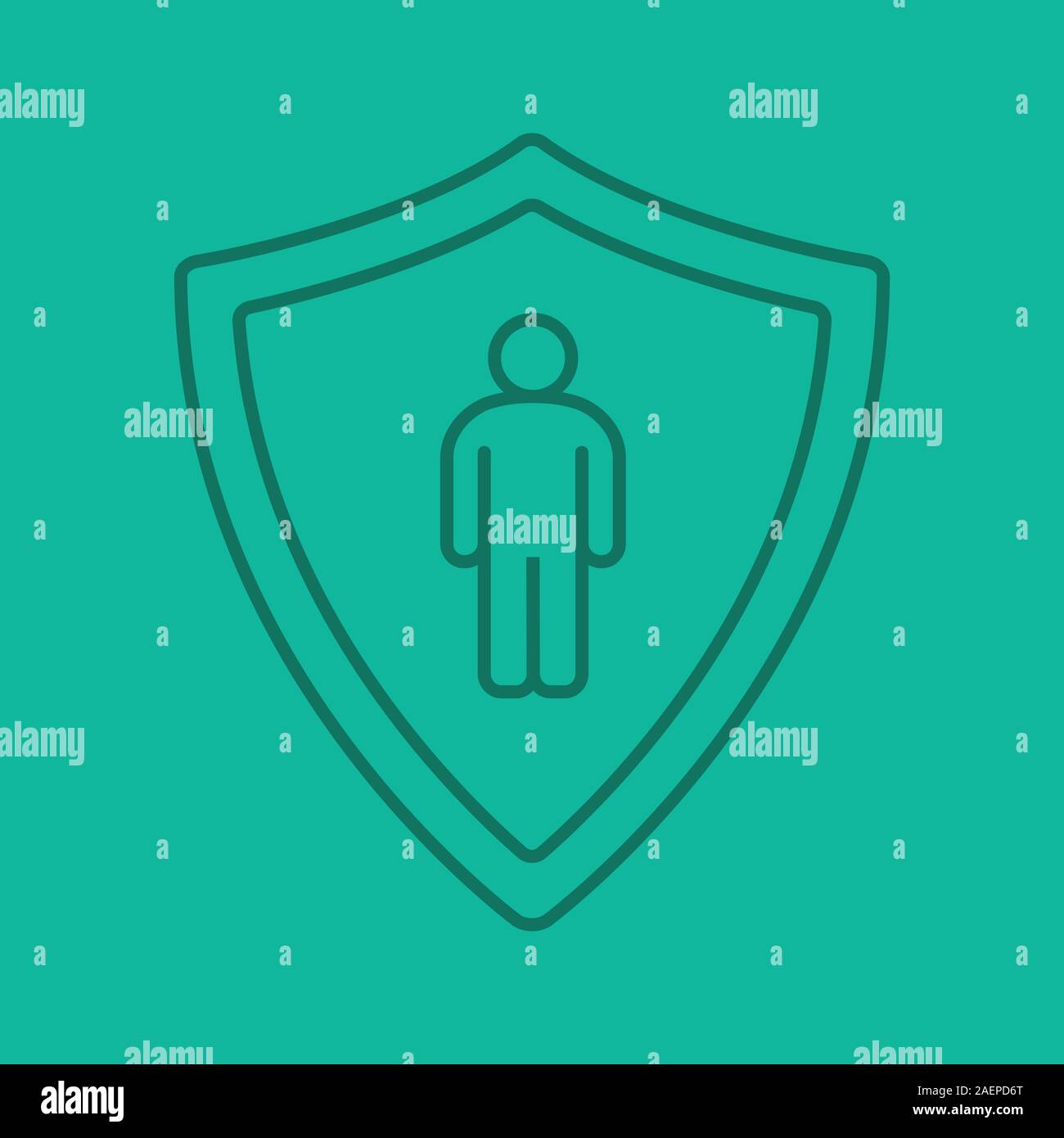Bodyguard linear icon. Man inside protection shield. Thin line outline ...