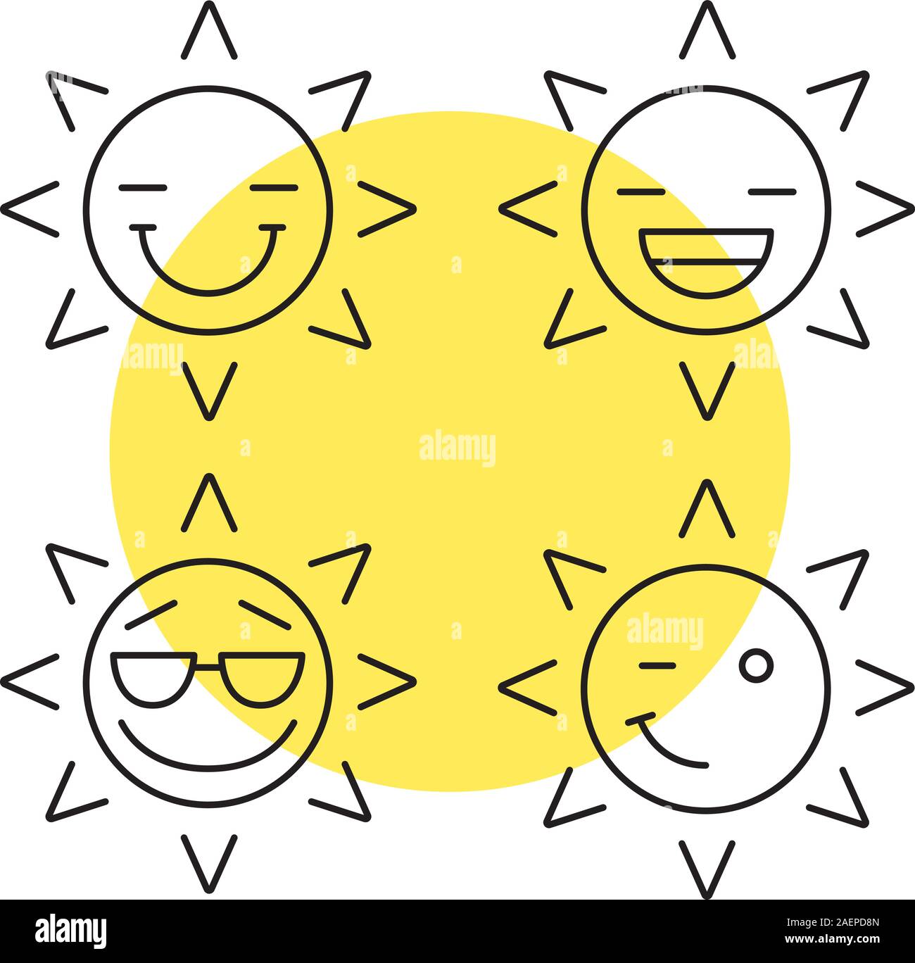 Sun smiles linear icons set. Emoticons. Laughing, happy, cool and ...