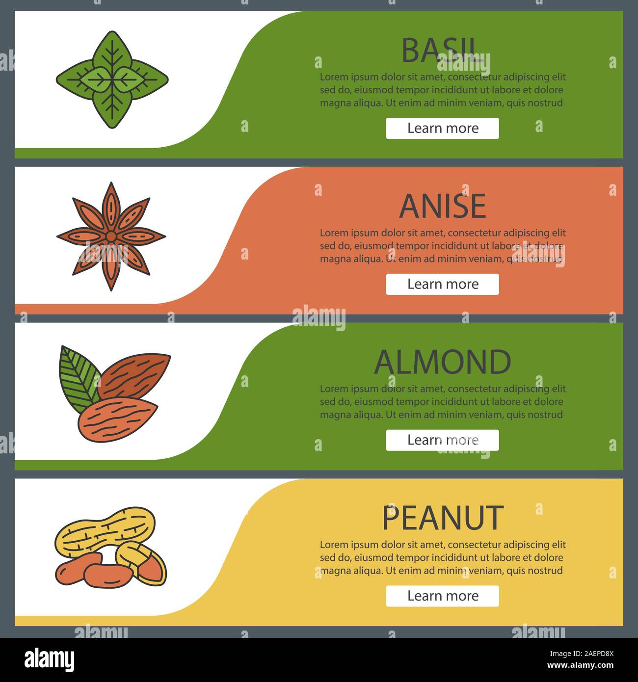 Spices web banner templates set. Basil, anise, almond, peanut. Website ...