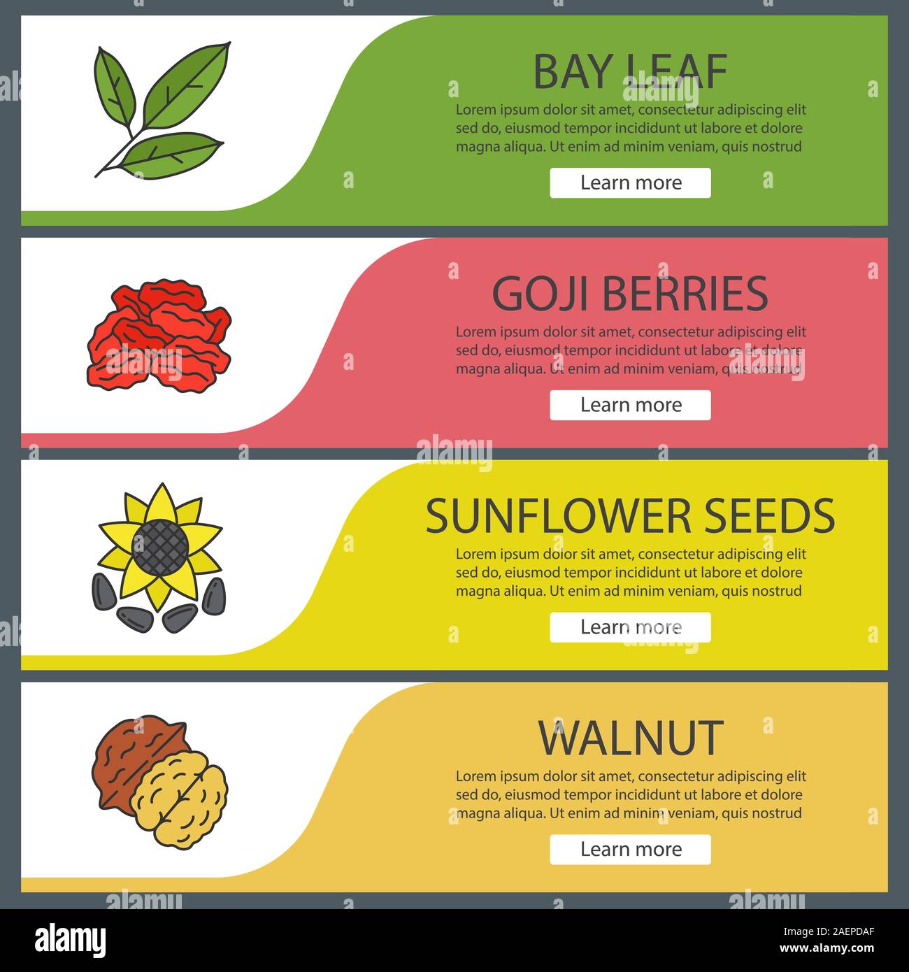 Spices web banner templates set. Bay leaves, goji berries, sunflower ...