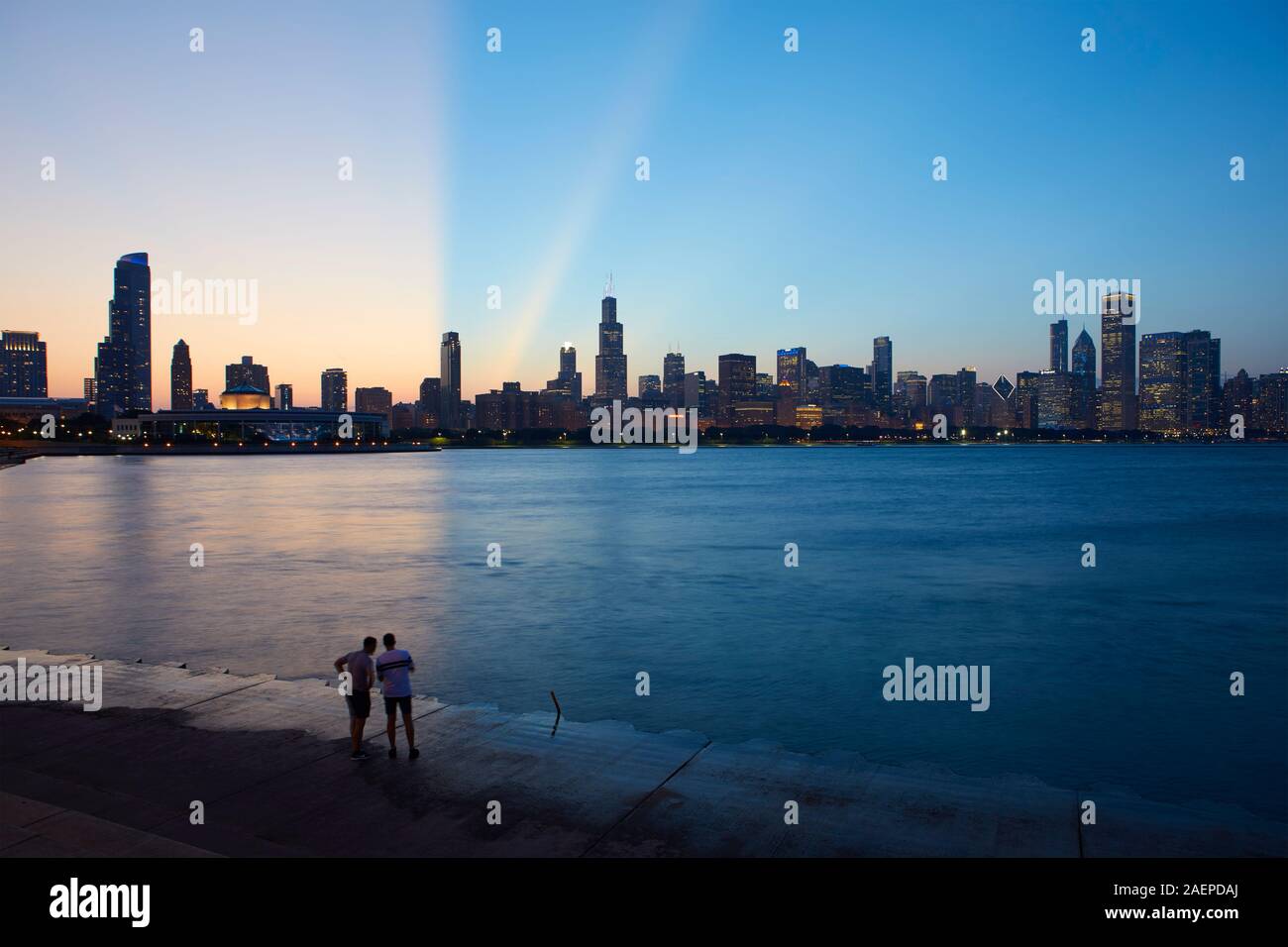 Chicago Skyline at sunset, Chicago, Illinois, United States Stock Photo ...