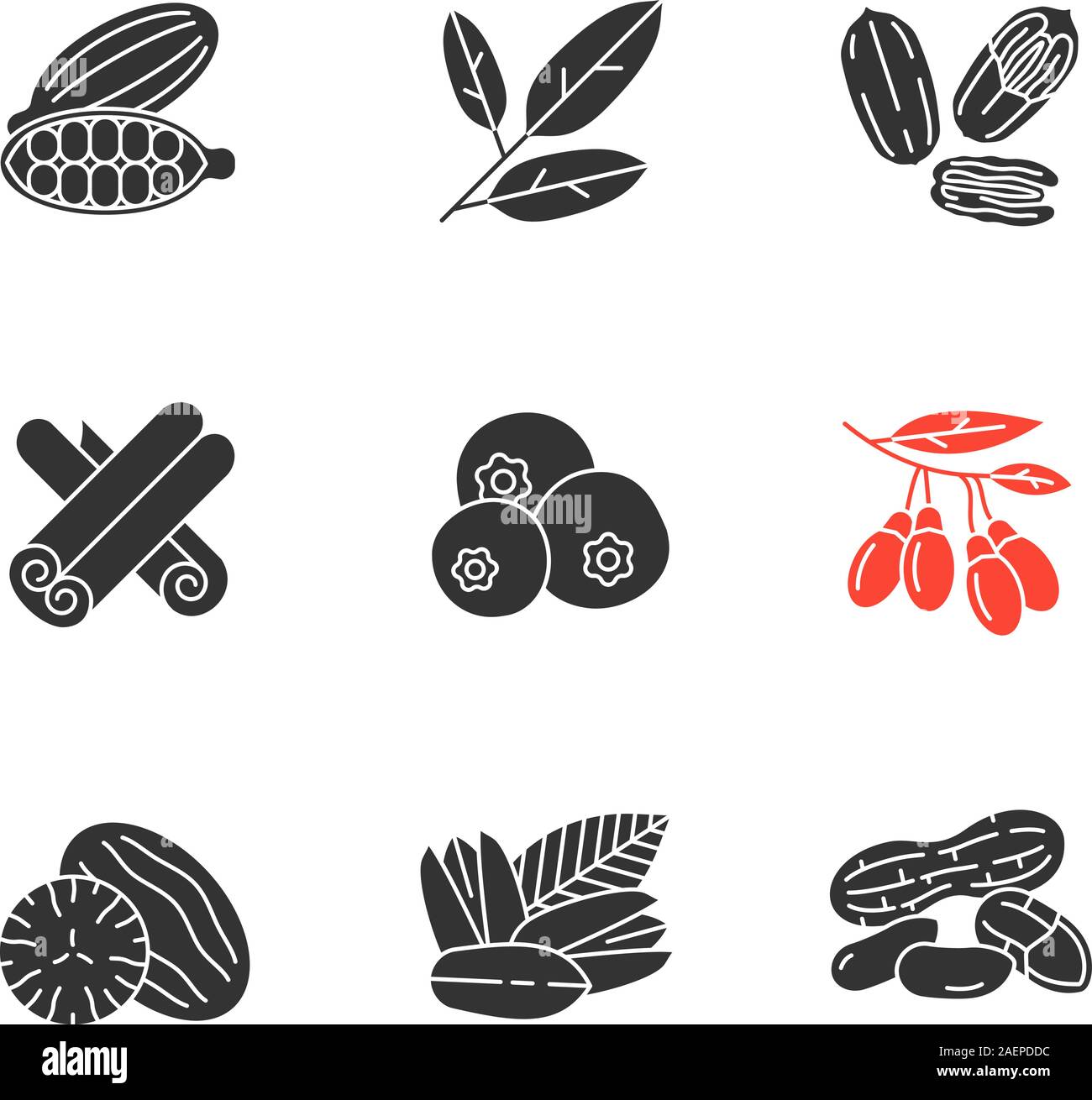 Spices glyph icons set. Silhouette symbols. Cardamom, bay leaves, pecan ...