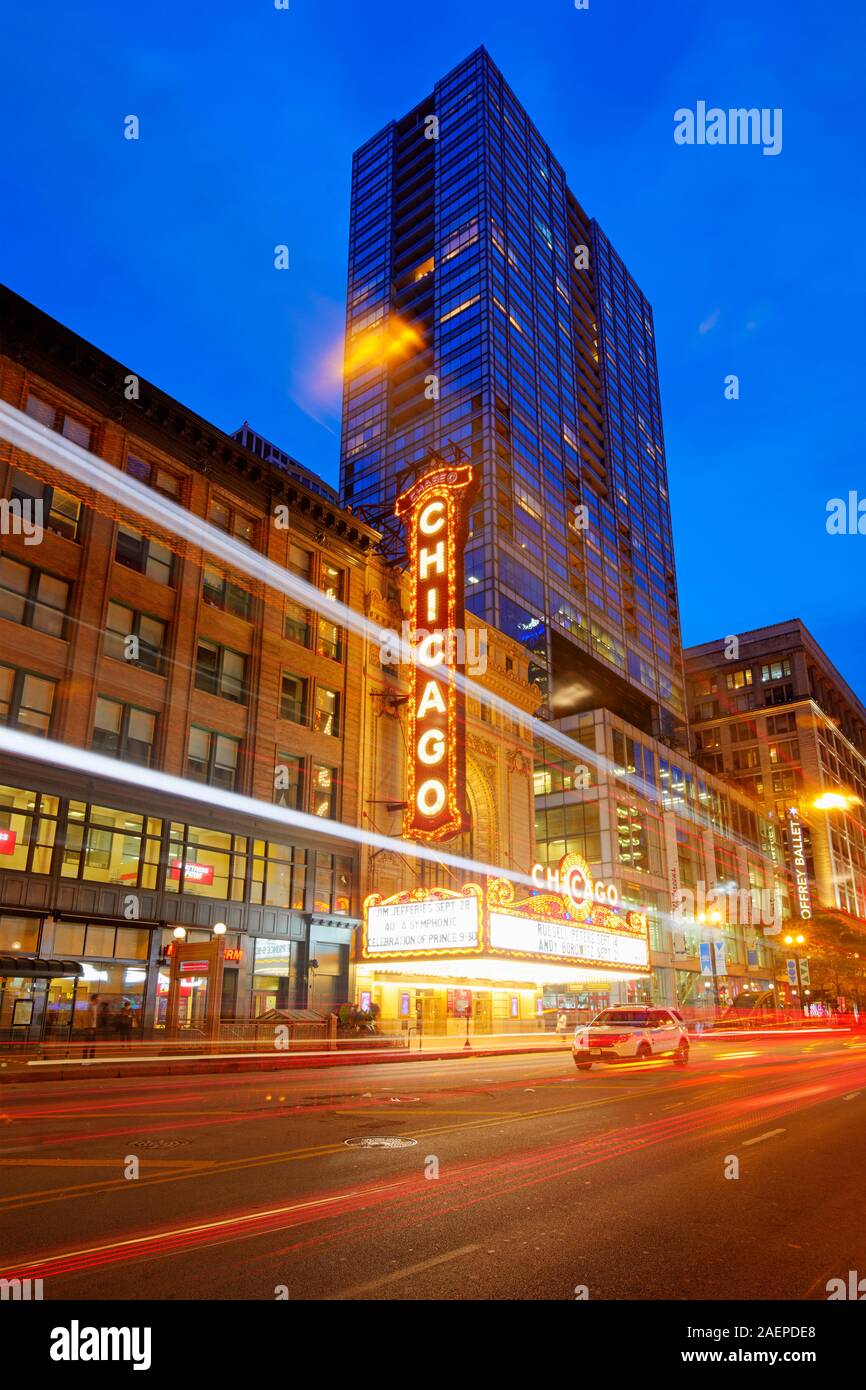 The iconic Chicago theater sign by night, Chicago, Illinois, United ...