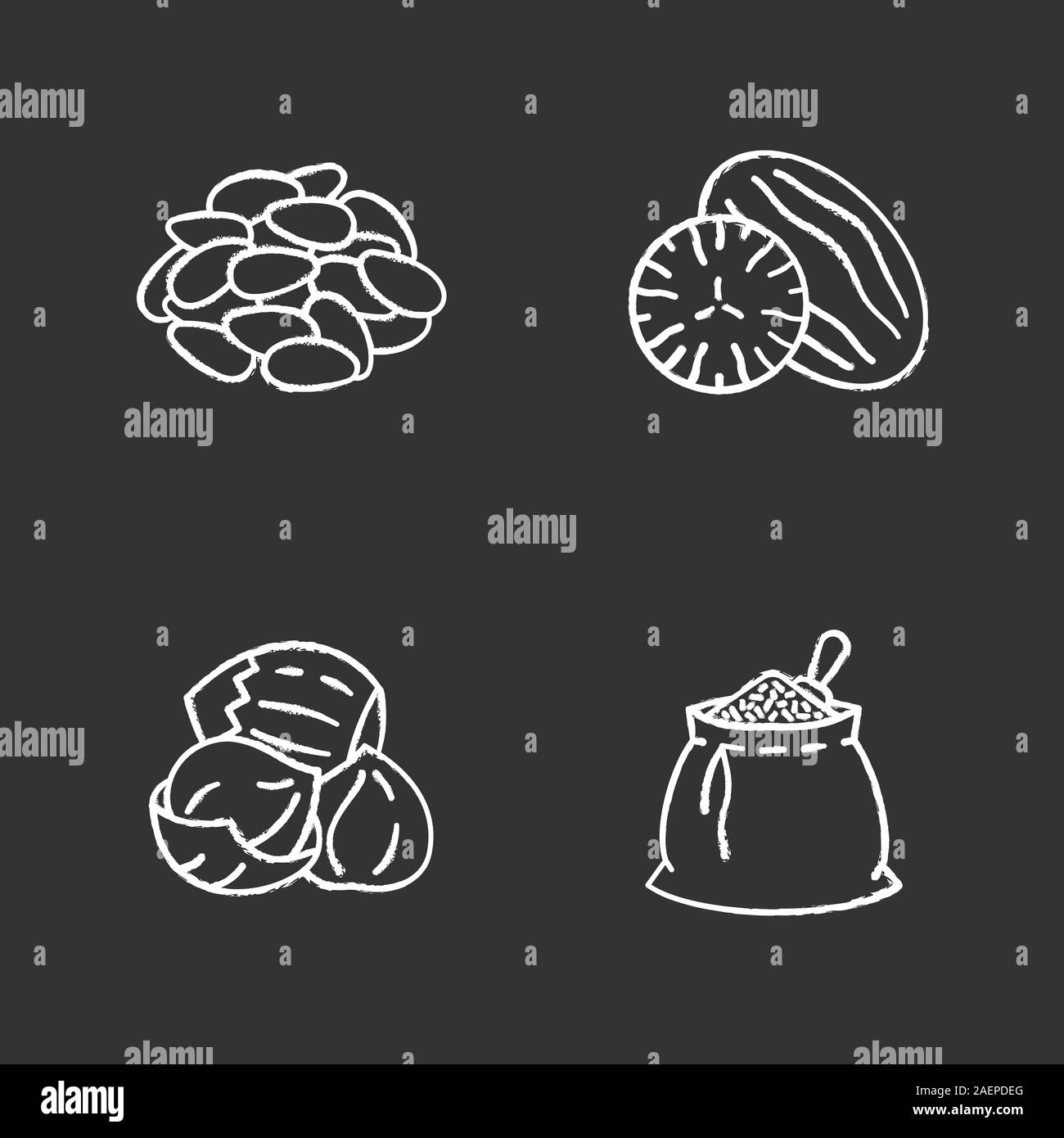 Spices chalk icons set. Pinenut, nutmeg, hazelnut, spices bag. Isolated ...