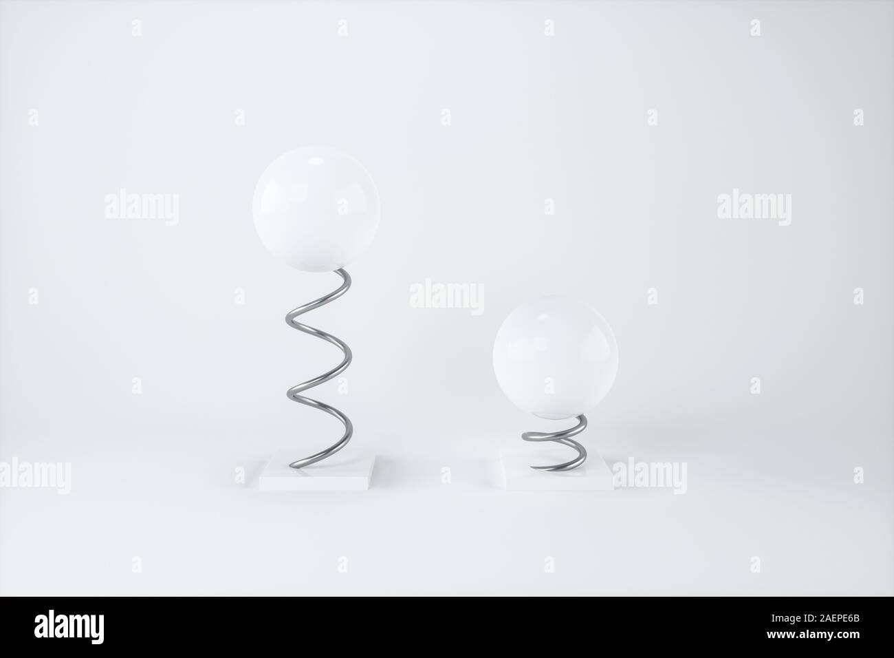 Polished balls are attached to springs, 3d rendering. Computer digital ...