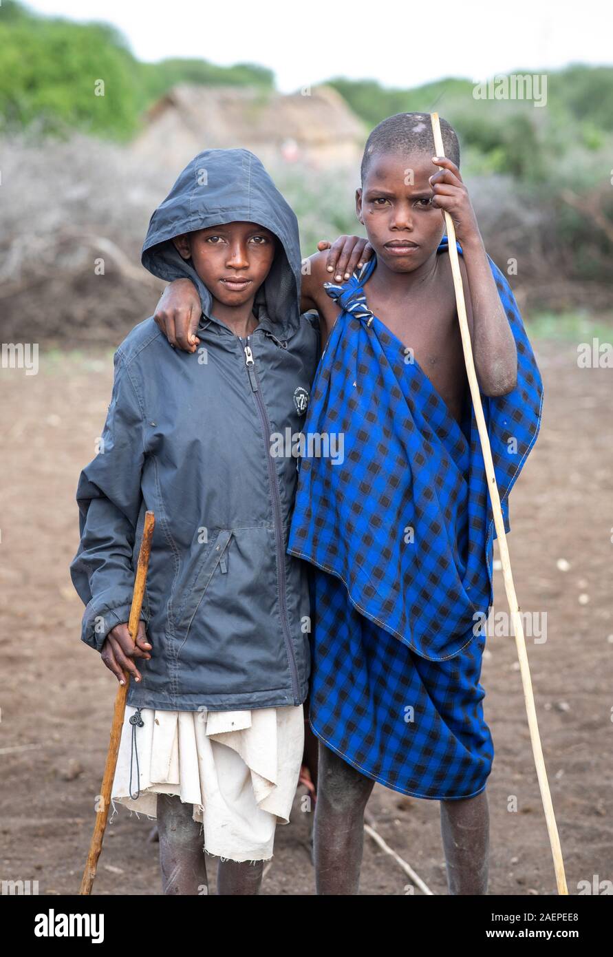 Same, Tanzania, 7th June 2019: maasai boys in their home boma Stock ...