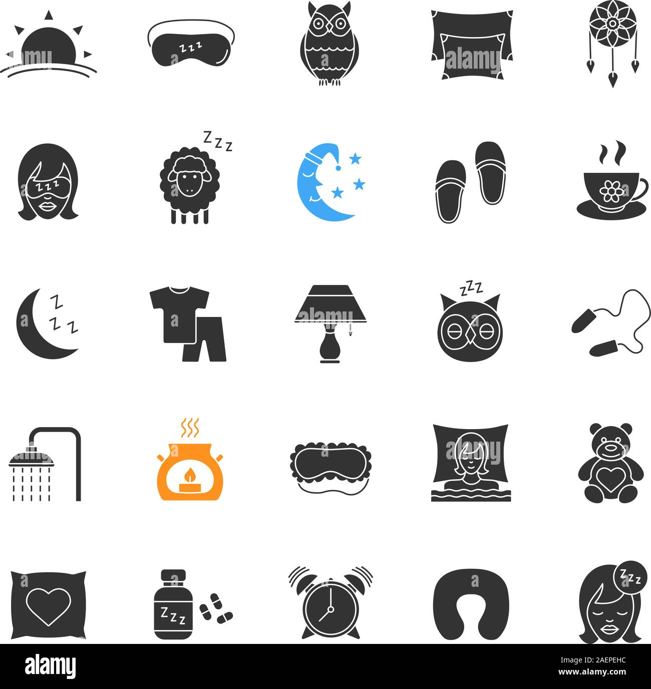 Sleeping accessories glyph icons set. Silhouette symbols. Pillows ...