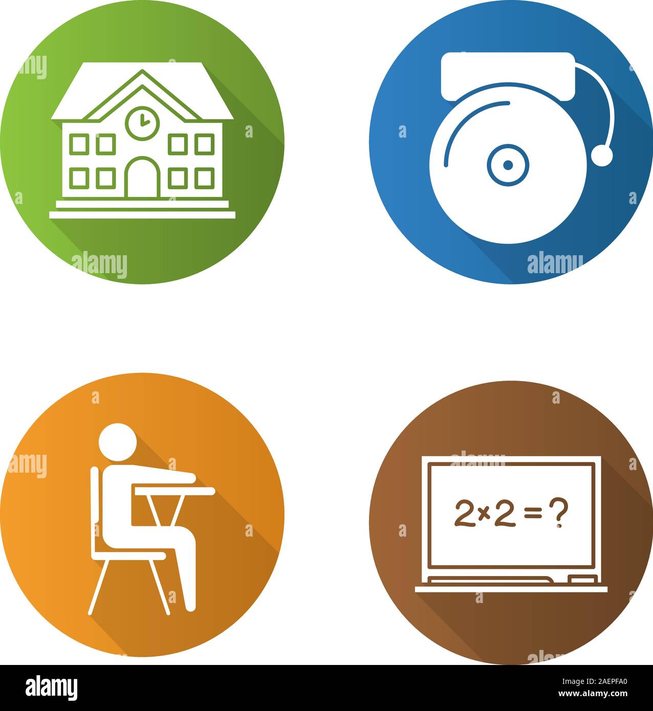 Education flat design long shadow glyph icons set. School building ...