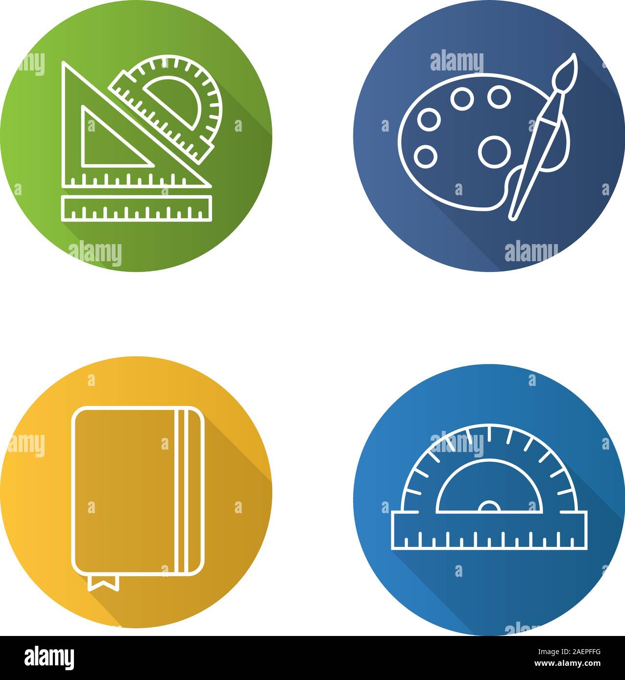 Education flat linear long shadow icons set. Stationery items. School ...