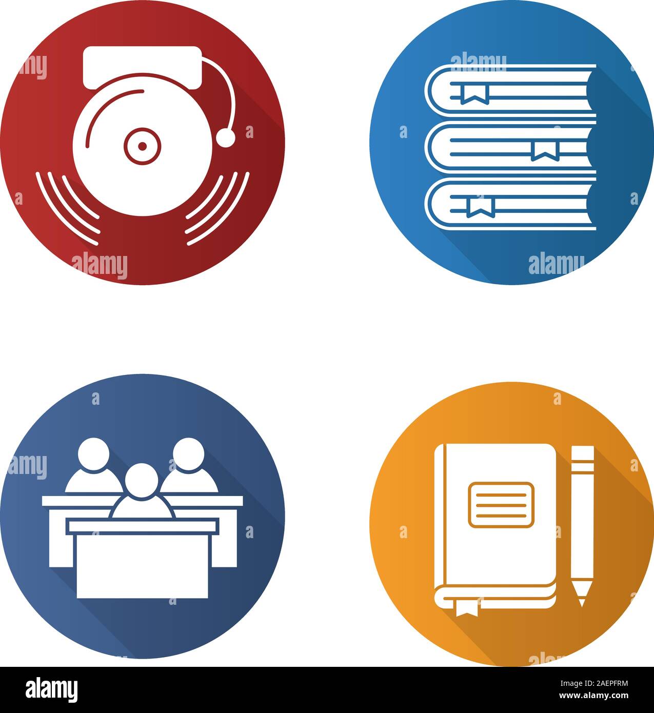 School flat design long shadow glyph icons set. Students, class journal ...