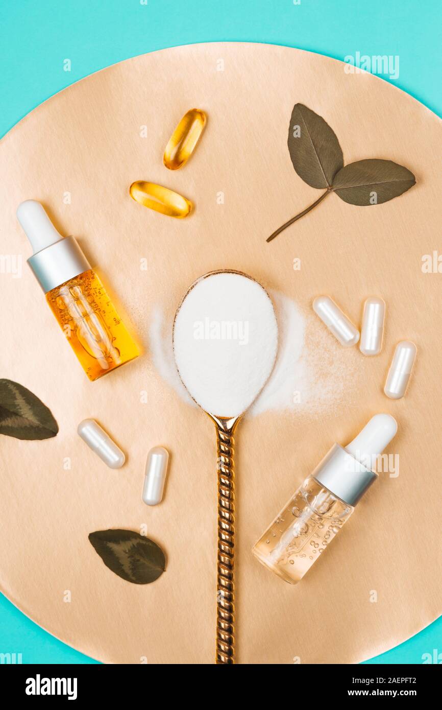 Different types of collagen. Powder, capsules, tablets and fluid Stock ...