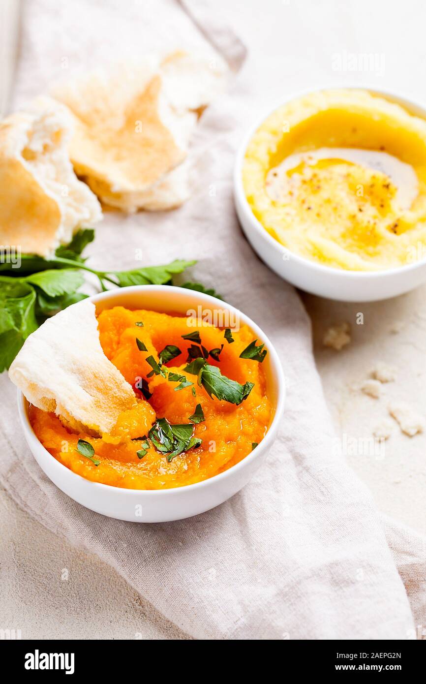 Set of vegetarian Middle Eastern Arabian eggplant and sweet potato dip ...