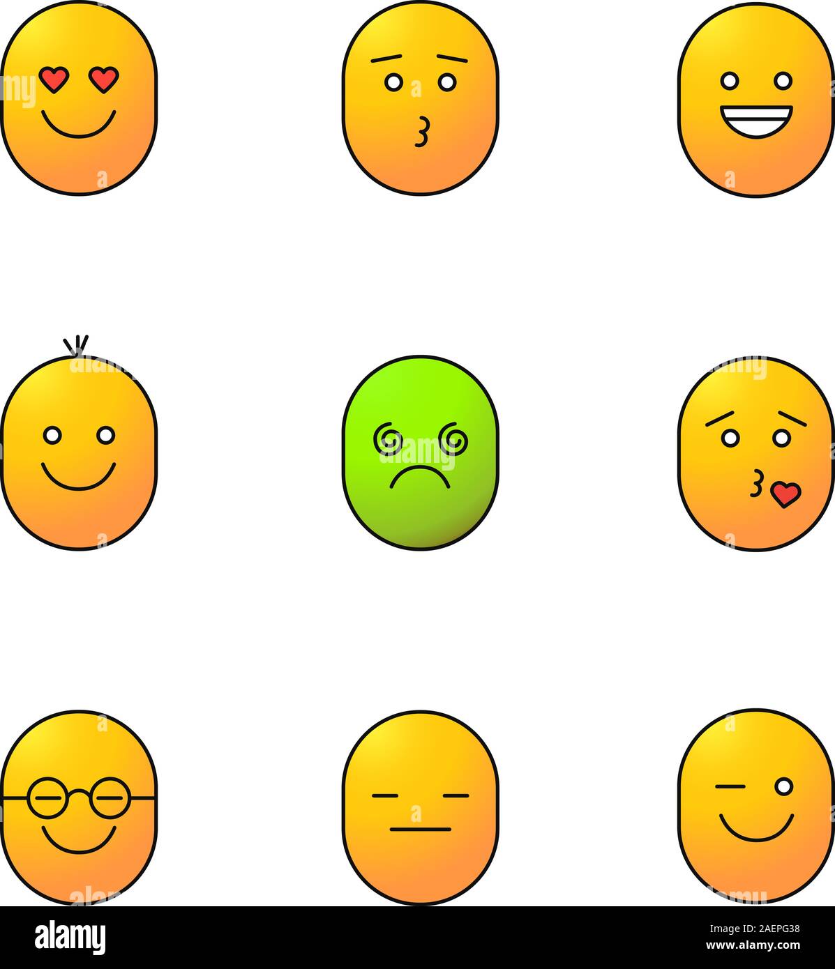 Smiles color icons set. Emoticons. Good and bad mood. In love, kissing ...