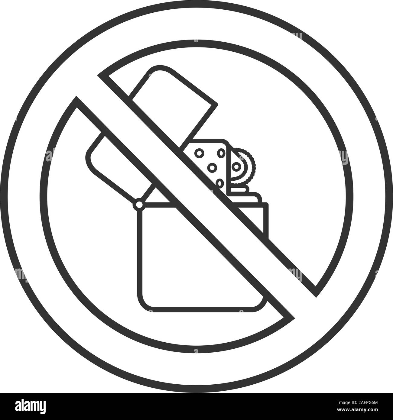 Forbidden sign with flip lighter linear icon. No smoking prohibition ...