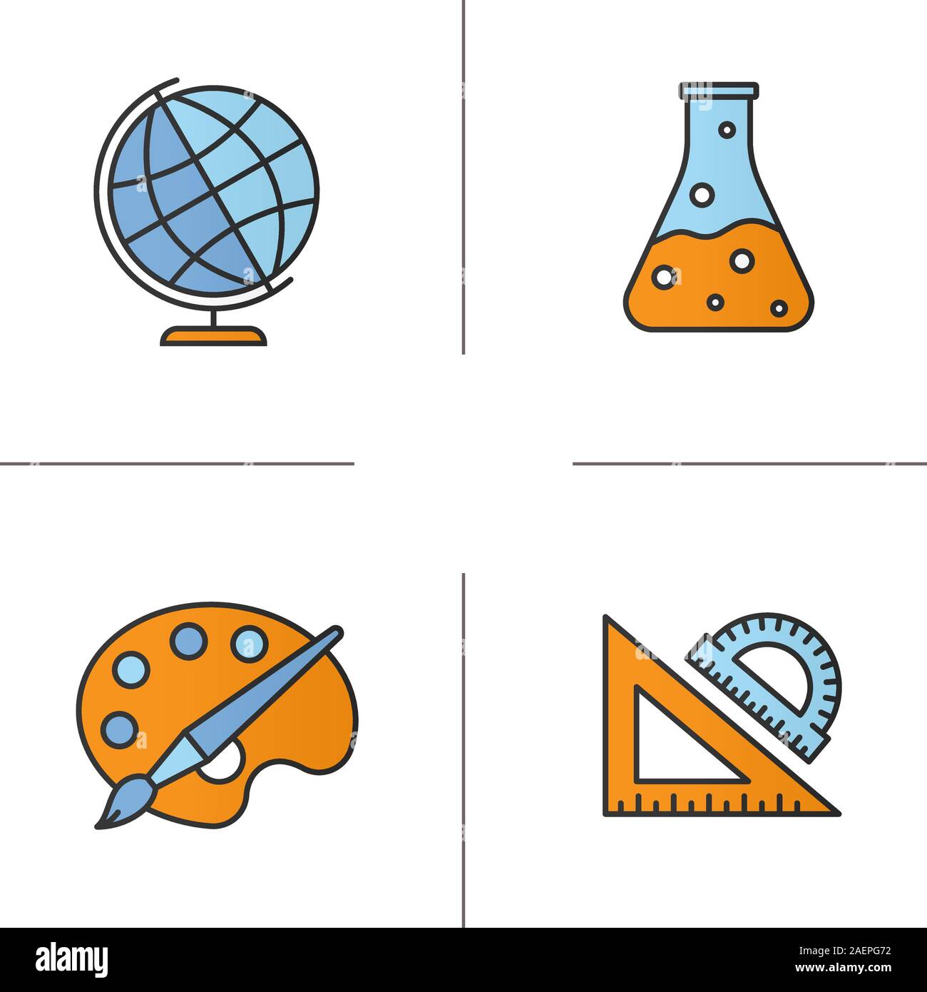 Education color icons set. Geography, chemistry, art, geometry symbols ...
